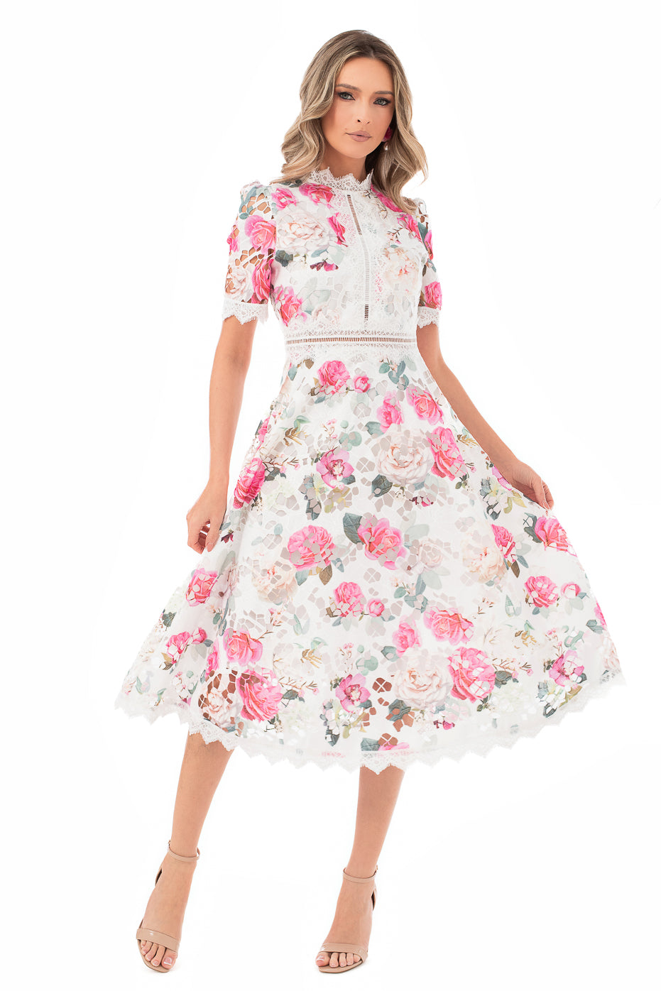 Rochie Alba Din Dantela Cu Maneca Scurta- Miyu.ro