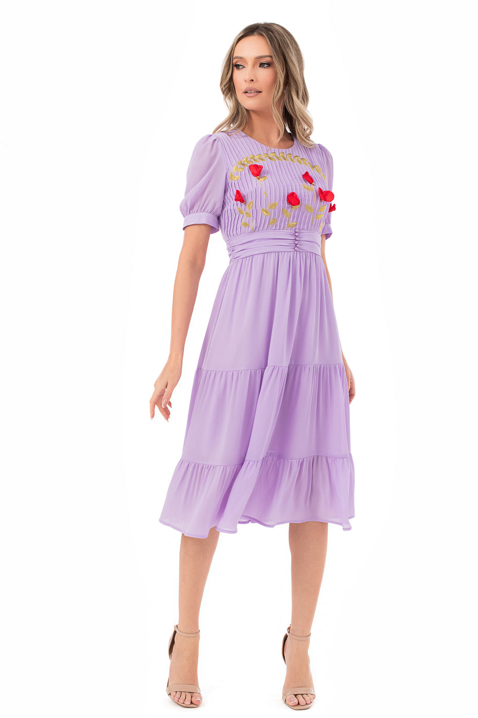 Rochie Mov Cu Flori Rosii Cusute Manual- Miyu.ro